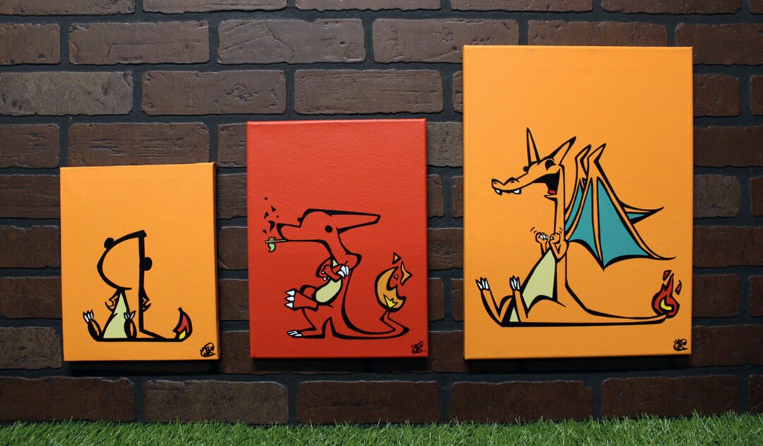 Derpemon Fire Evolution Set. Each is a Hand Painted Canvas. - Etsy