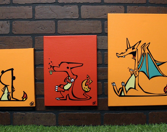 Derpemon Fire Evolution Set. Each is a Hand Painted Canvas. - Etsy