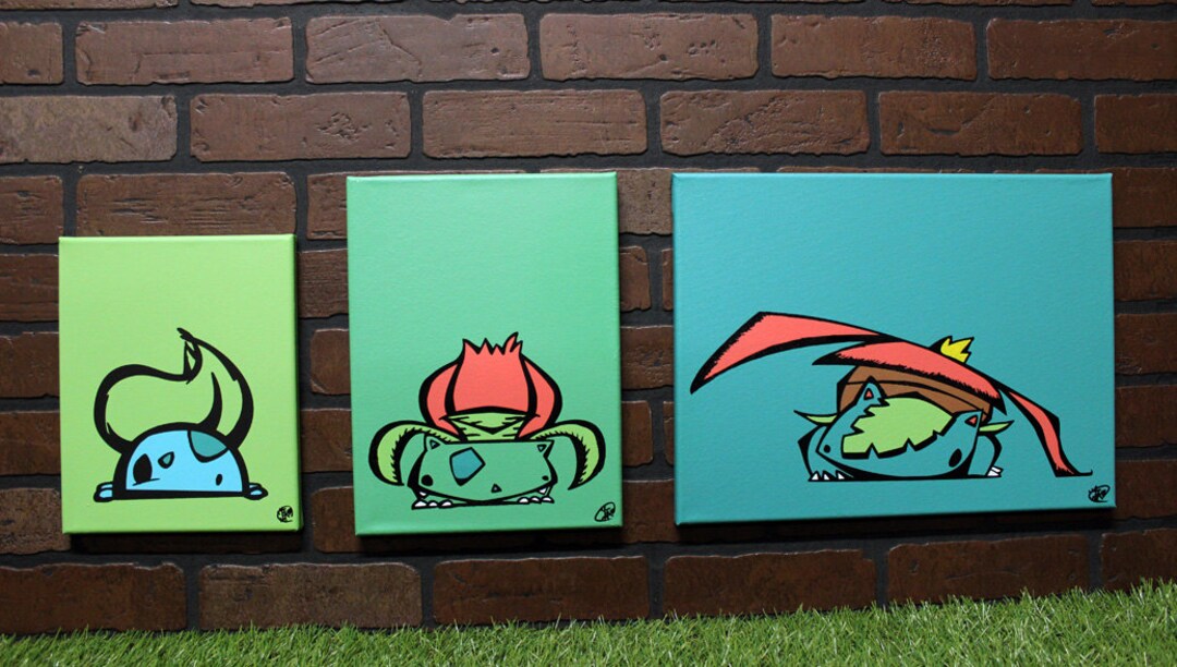Derpemon Grass Evolution Set. Each is a Hand Painted Canvas - Etsy