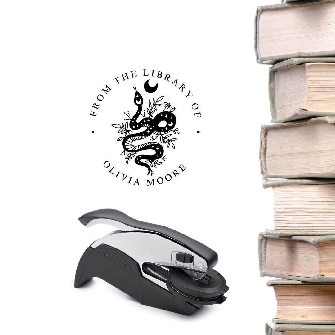 Snake Book Stamp, Snake Flowers Moon Library Stamp Custom Serpent Book ...