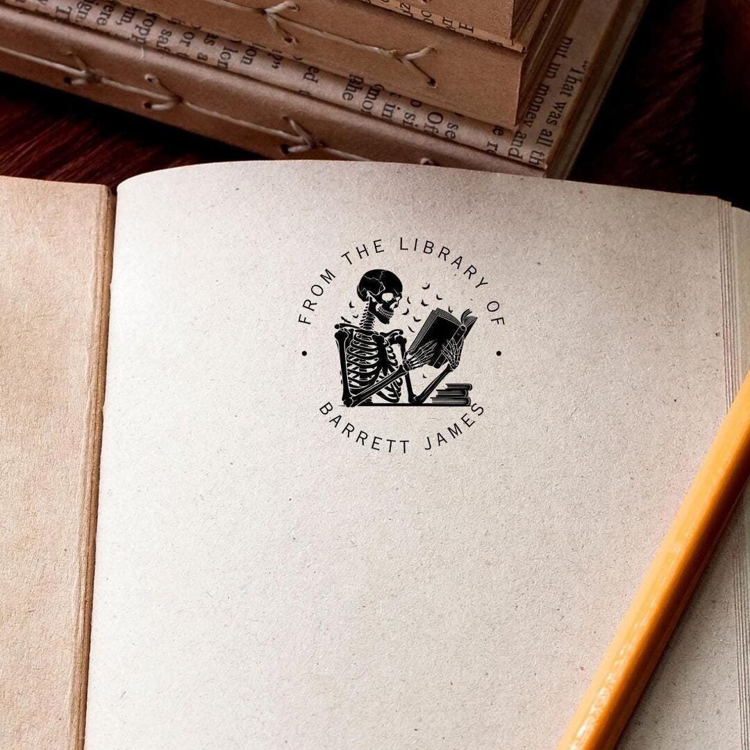 Book Stamper Personalized Skeleton Library Stamp, Custom Book Nerd ...