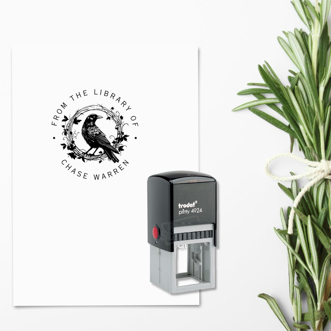 Raven Book Stamp Personalized Library Stamp Black Crow in Wreath Gothic ...