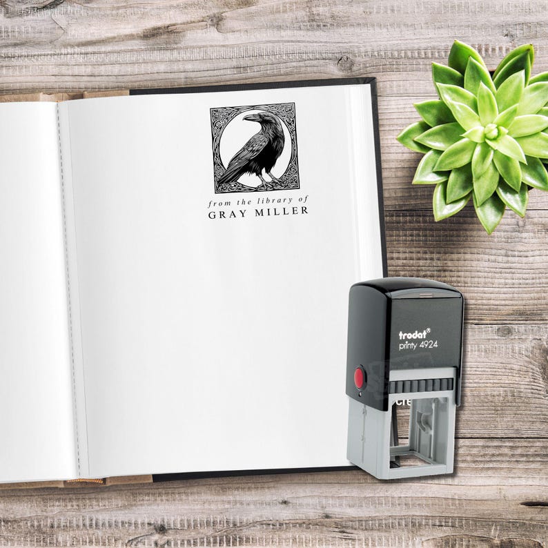 Raven Library Stamp Personalized Name Book Stamp Black Crow in Wreath ...