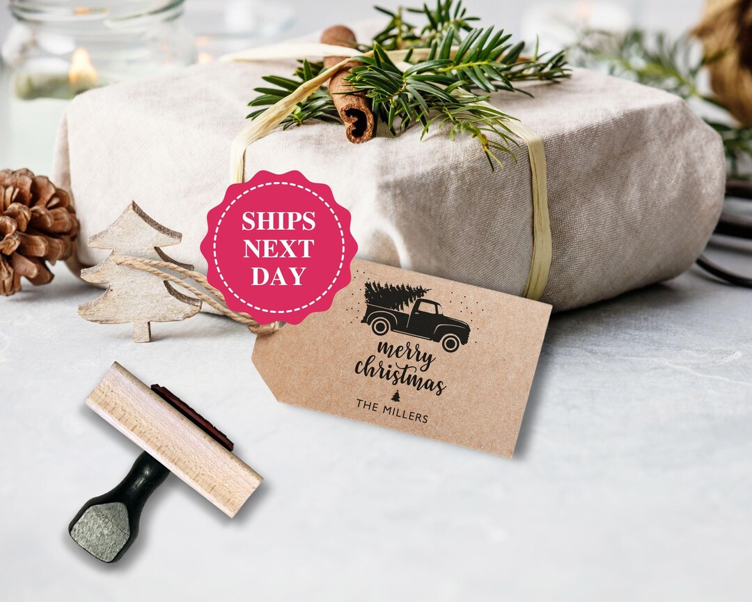 Merry Christmas Stamp Farmhouse Gift Tag Custom Vintage Truck Rubber ...