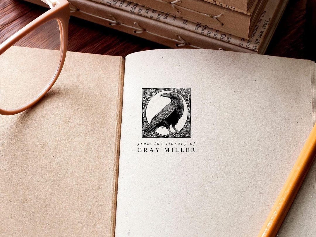 Raven Library Stamp Personalized Name Book Stamp Black Crow in Wreath ...
