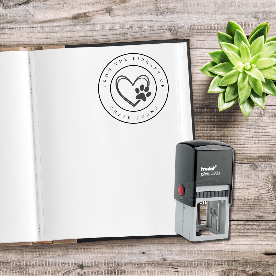 Custom Book Stamp Dog Library Stamp Dog Paw Book Dog Paw in Heart ...