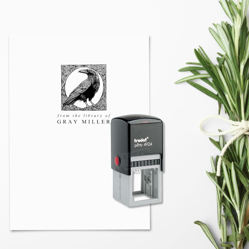 Raven Library Stamp Personalized Name Book Stamp Black Crow in Wreath ...