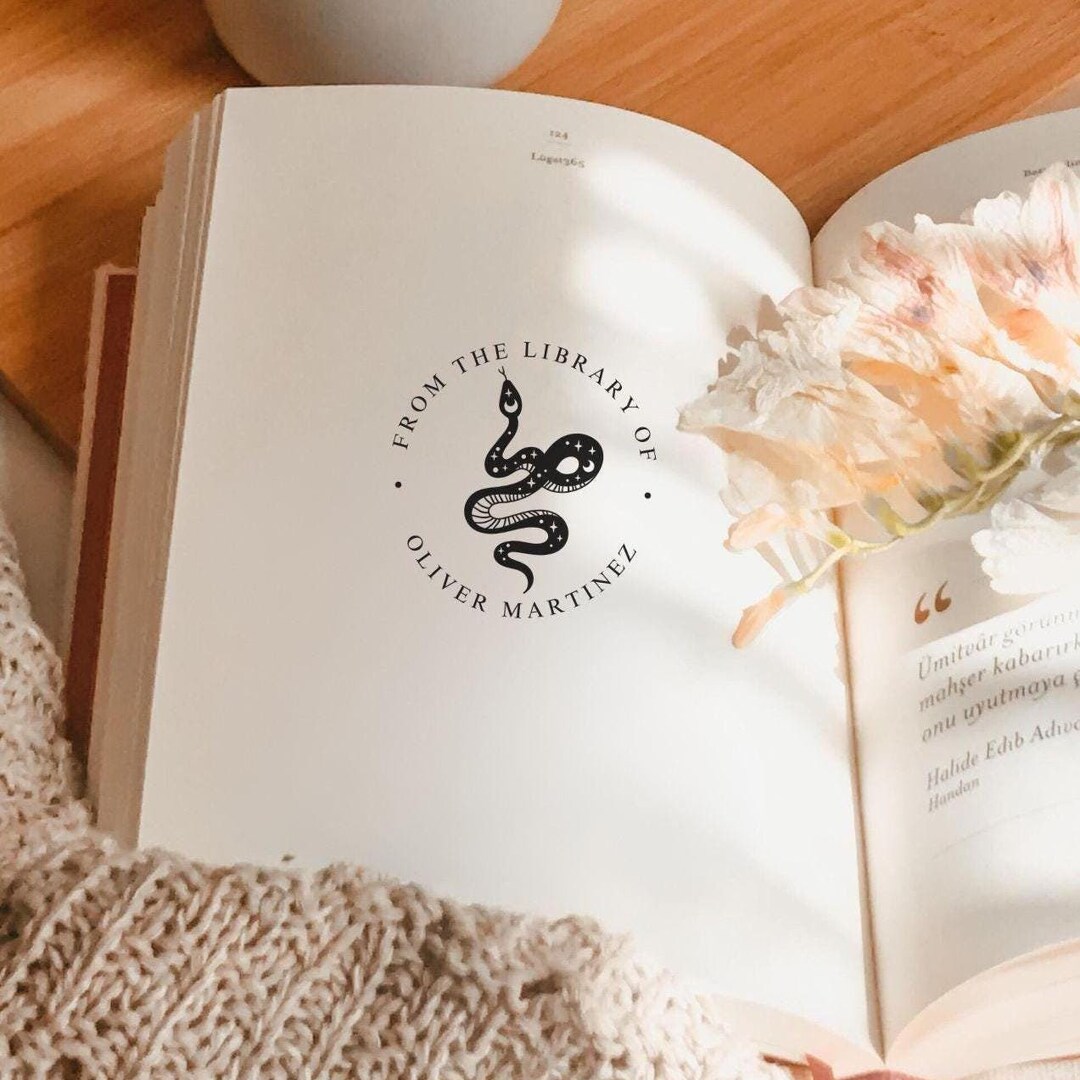 Snake Library Stamp, Snake Book Stamp Custom Serpent Moon Stars Book ...