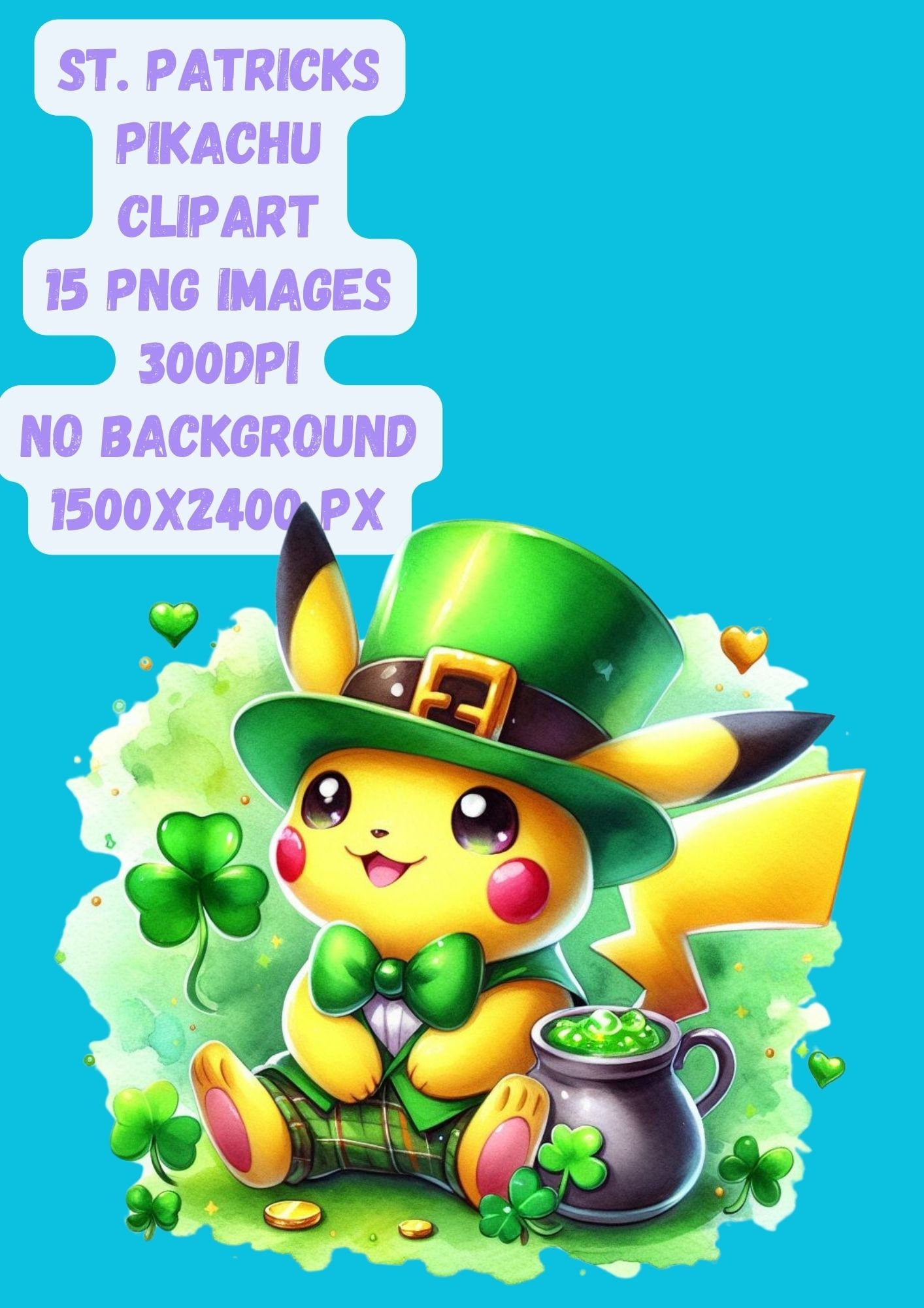 St. Patrick's Day Pokémon Pikachu Clip Art, 300DPI, PNG, POD - Etsy
