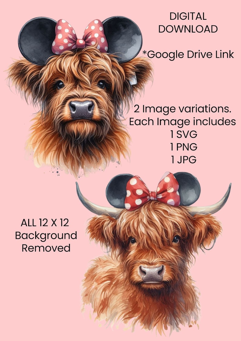 Highland Cow Minnie Mouse Ears PNG SVG JPG - Etsy