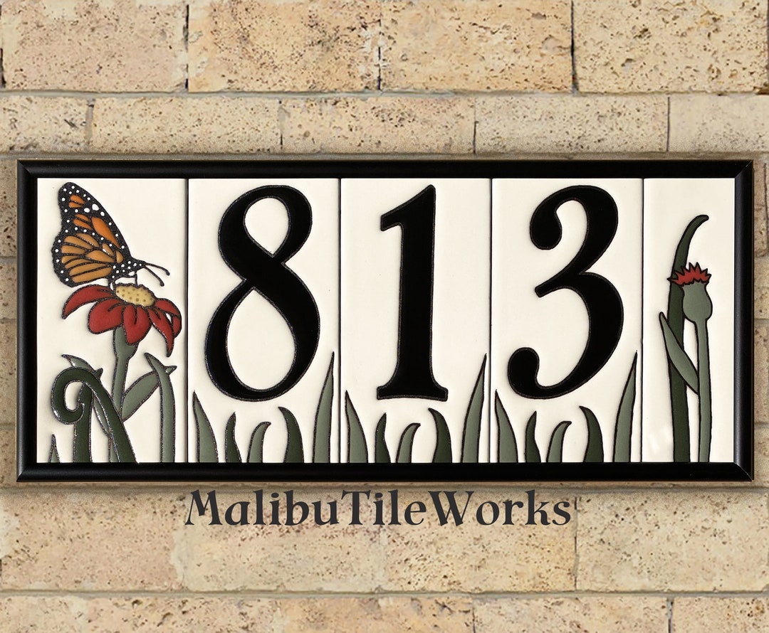 House Numbers Butterfly Tiles Ceramic Framed Set - Address Tiles ...