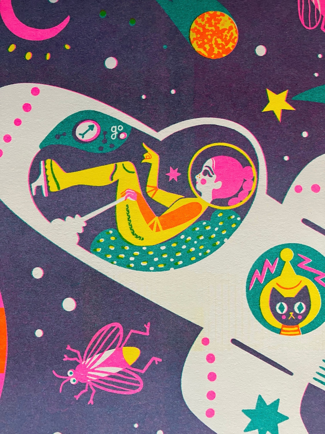 Retro Rocket Girl in Space Risograph Print - Etsy