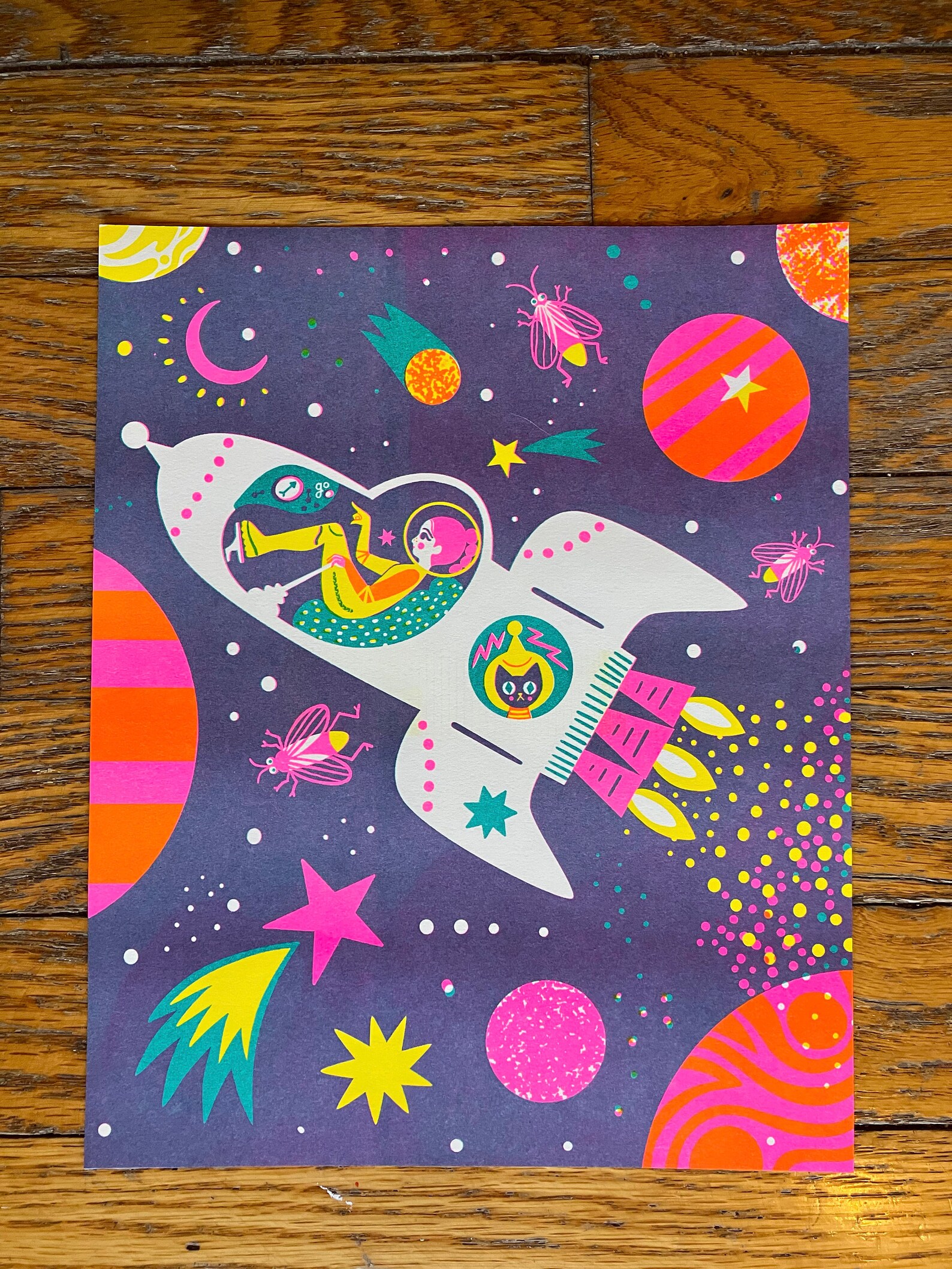 Retro Rocket Girl in Space Risograph Print - Etsy