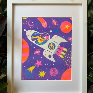 Retro Rocket Girl in Space Risograph Print - Etsy