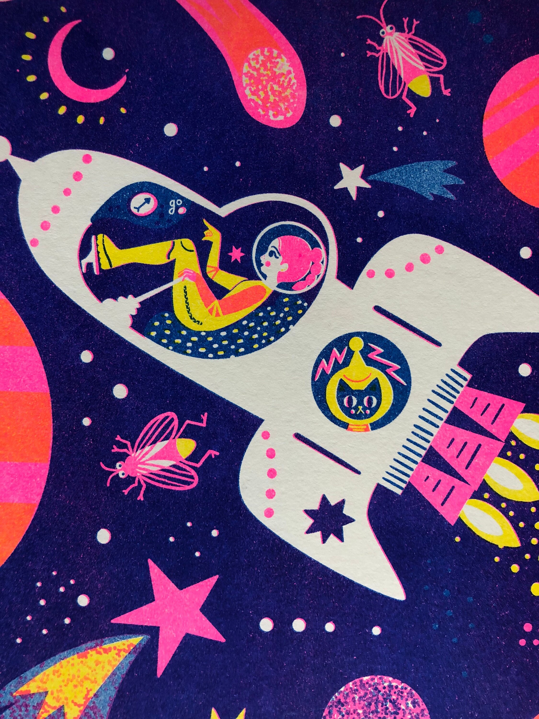 Retro Rocket Girl in Space Risograph Print - Etsy