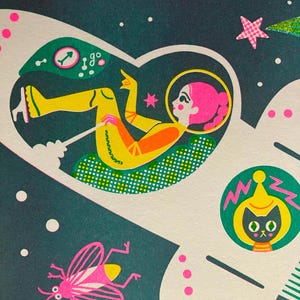 Retro Rocket Girl in Space Risograph Print - Etsy