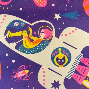 Retro Rocket Girl in Space Risograph Print - Etsy