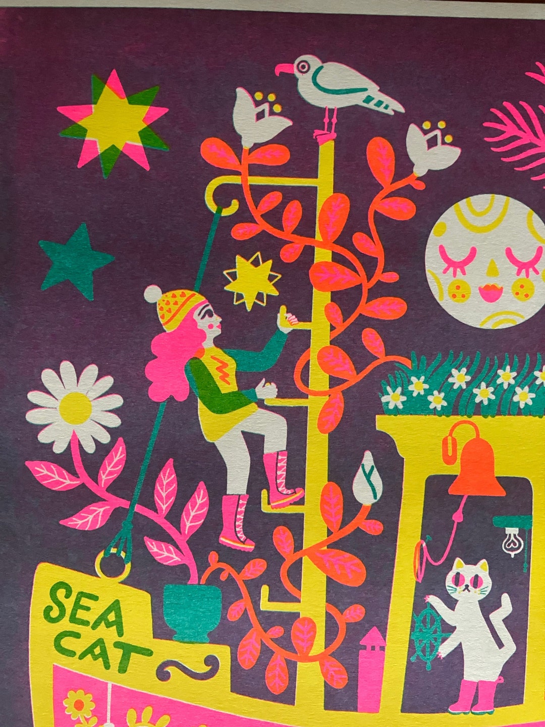 8.5x11" Celestial Houseboat Girl With Sea Captain Cat and Dog Riso ...