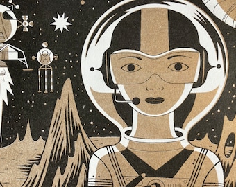 Retro Rocket Girl in Space Risograph Print - Etsy