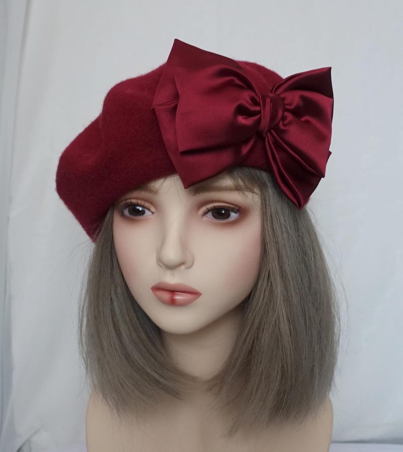 Burgundy French Wool Beret With Bow - Cozy in Style Winter Hat for ...