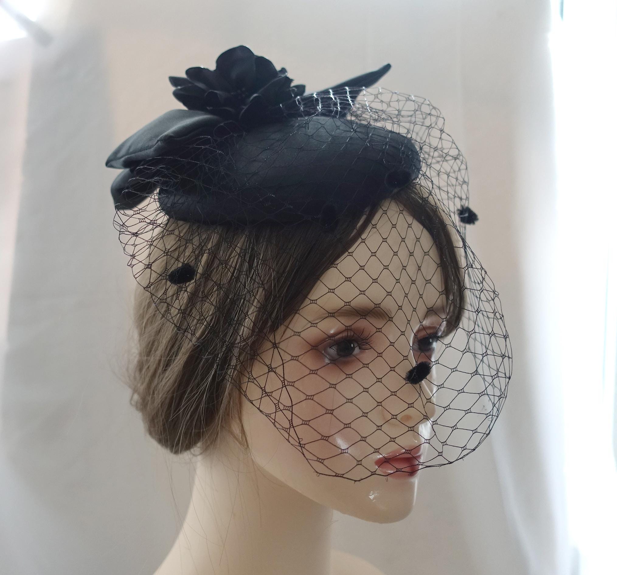 Elegant Black Fascinator Hat With Veil – Vintage Netting, Satin Bow ...