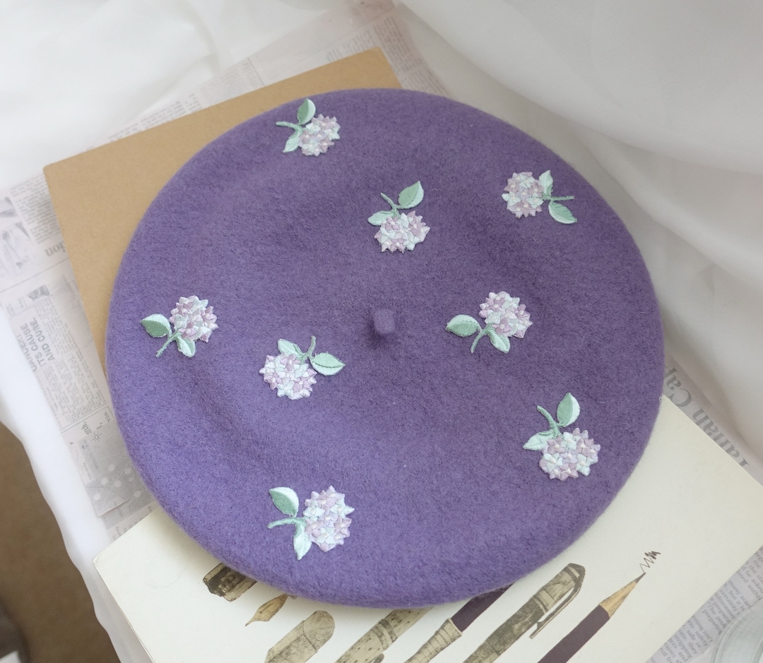 Cozy and Chic: Light Lilac Wool Beret With Purple Embroidered Lavender ...