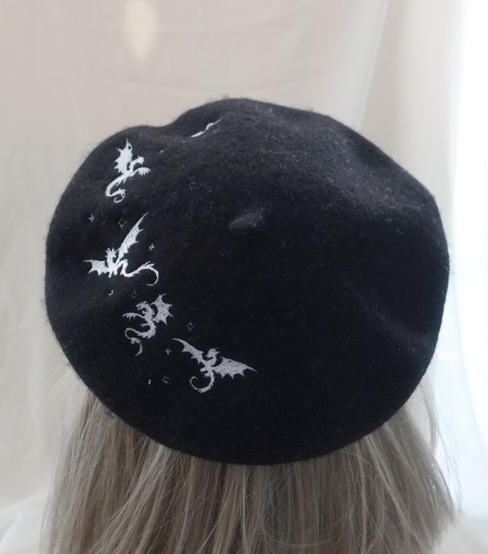 Black Wool Beret With White Dragon Embroidery | Gothic Fantasy Witchy ...