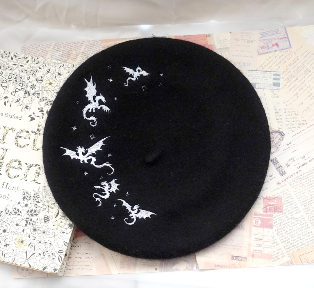 Black Wool Beret With White Dragon Embroidery | Gothic Fantasy Witchy ...