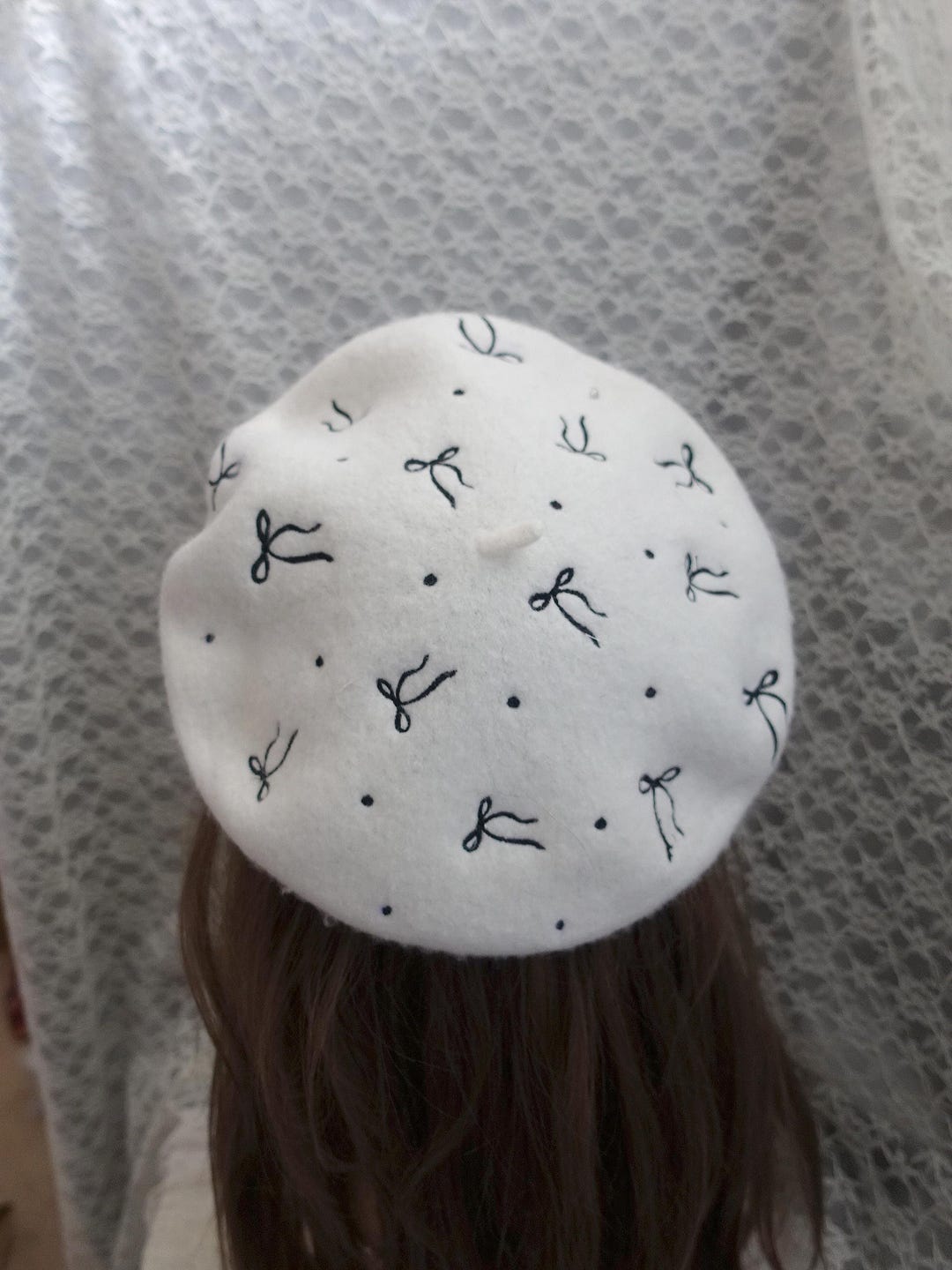 White Wool Beret With All-over Bow & Polka Dot Embroidery | Coquette ...