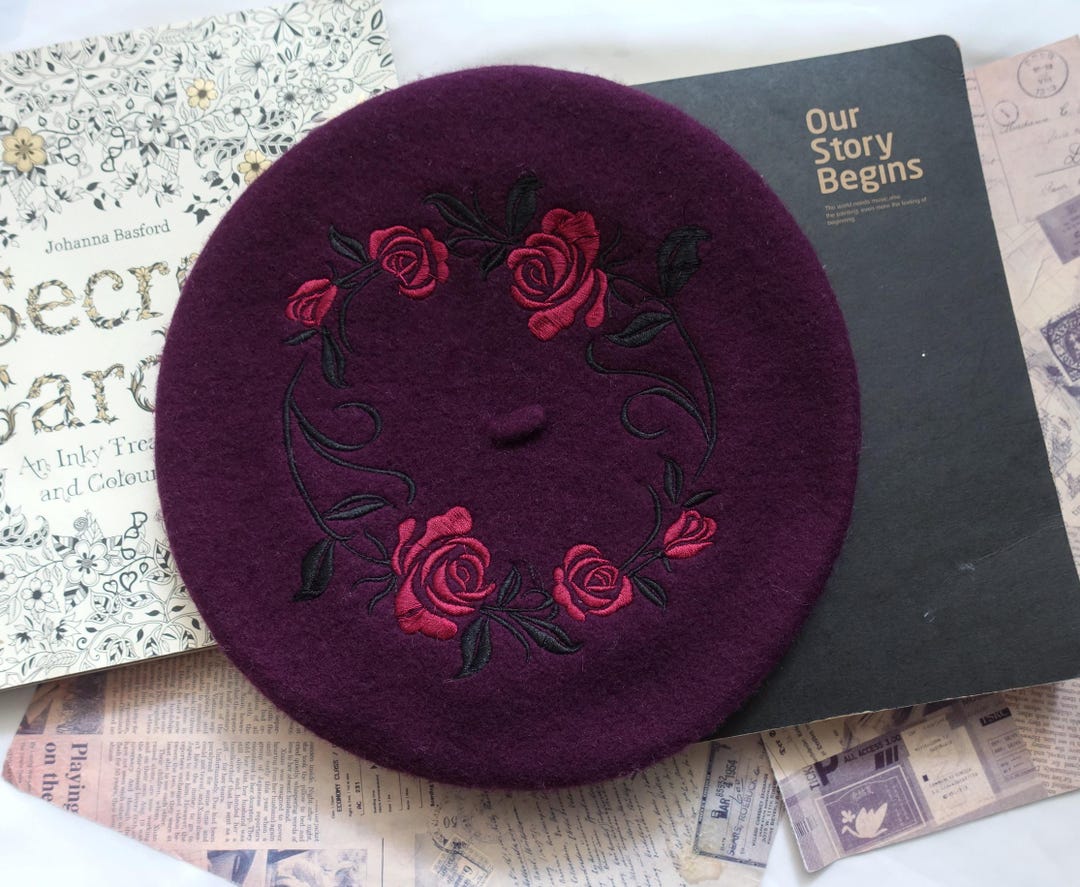 Deep Plum Purple Wool Beret With Red Roses | Vintage French Style Hat ...