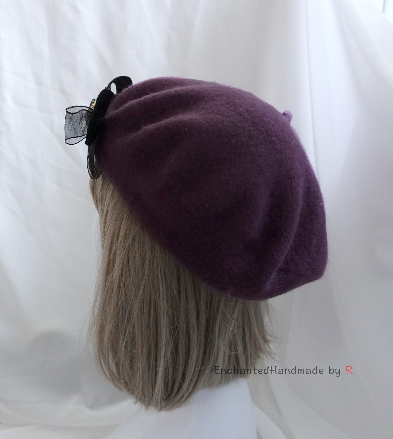 Plum Purple Wool Felt Beret Hat With Black Velvet Ribbon Bow - Etsy