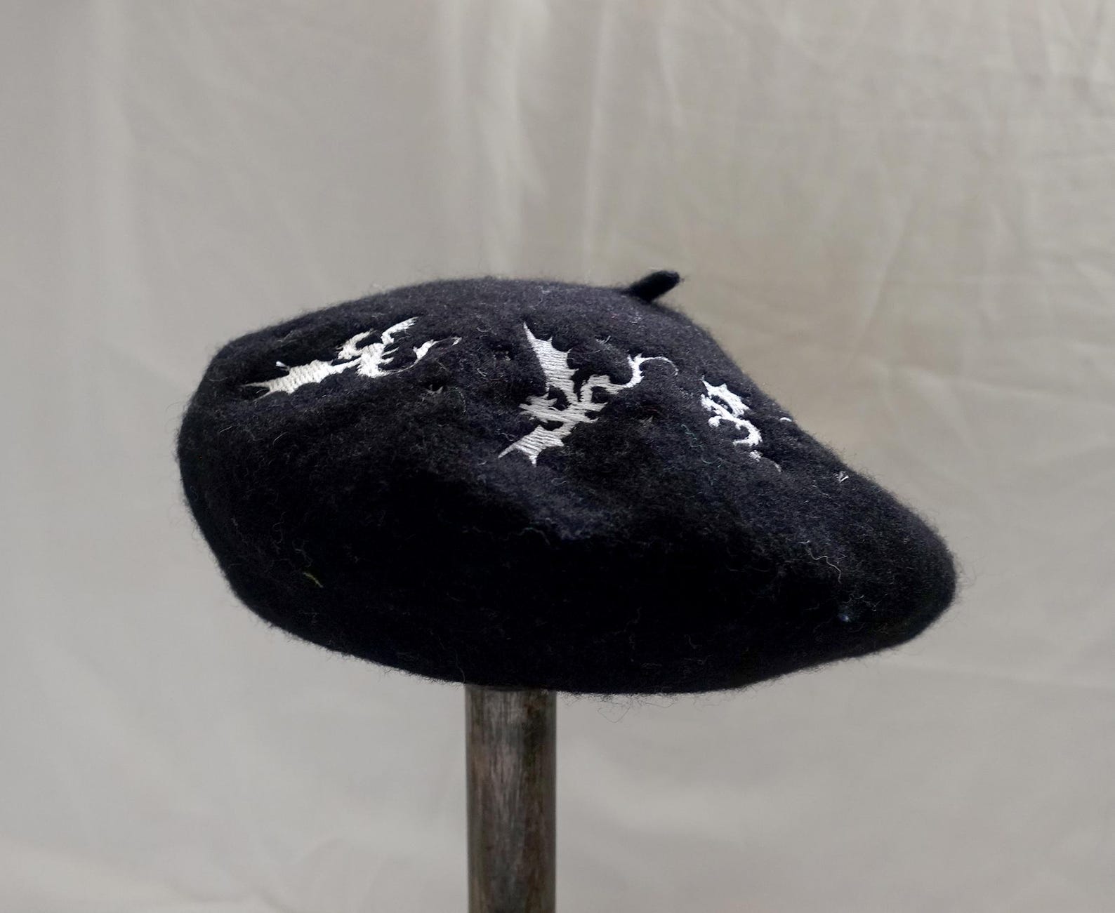 Black Wool Beret With White Dragon Embroidery | Gothic Fantasy Witchy ...