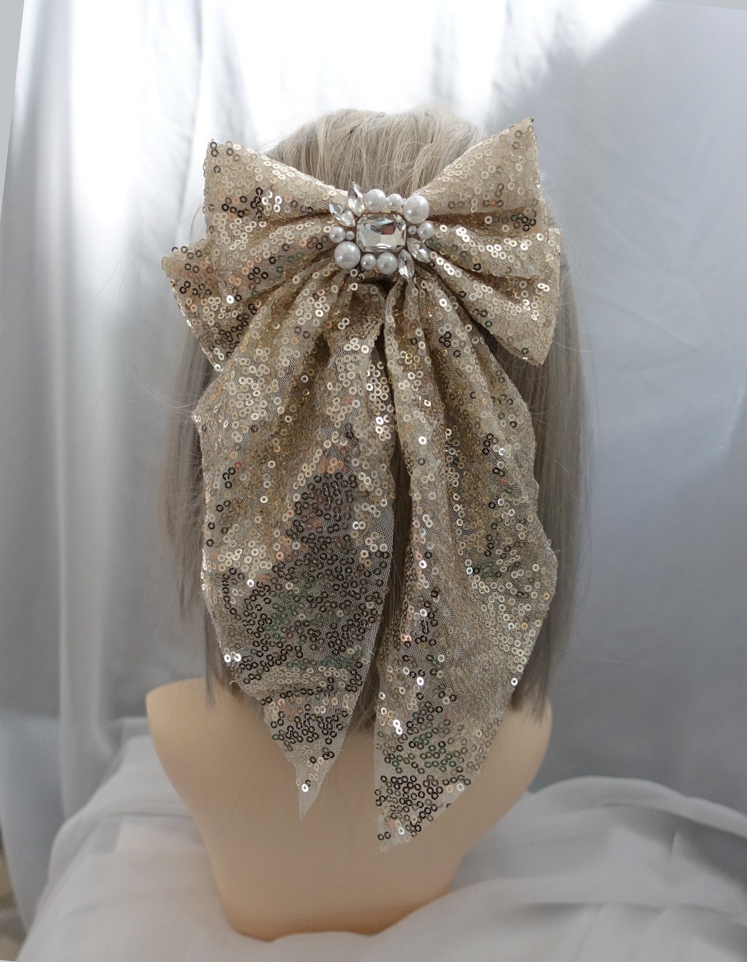 Glamorous Sparkling Gold Sequins Hair Bow With Rhinestone Centerpiece ...