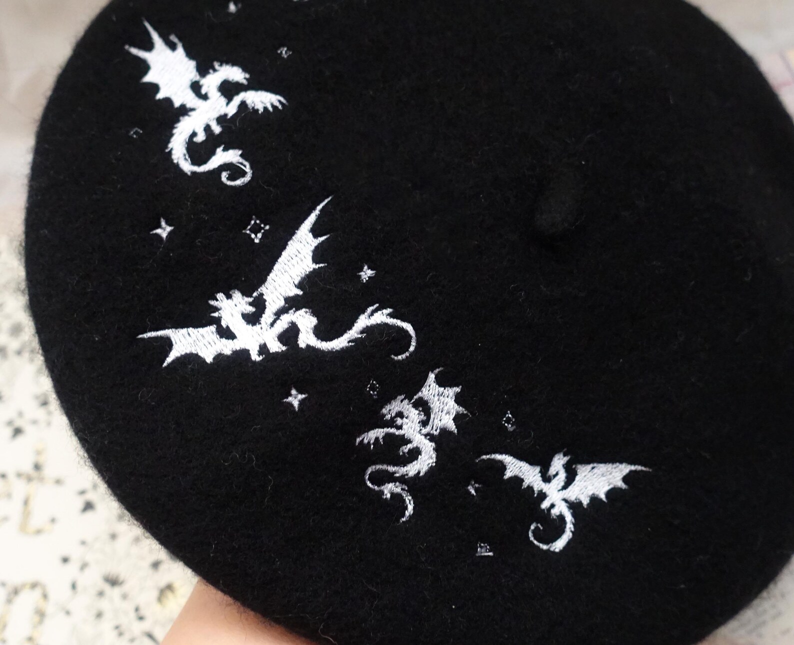 Black and White Wool Beret With Dragon Embroidery | Gothic Fantasy ...