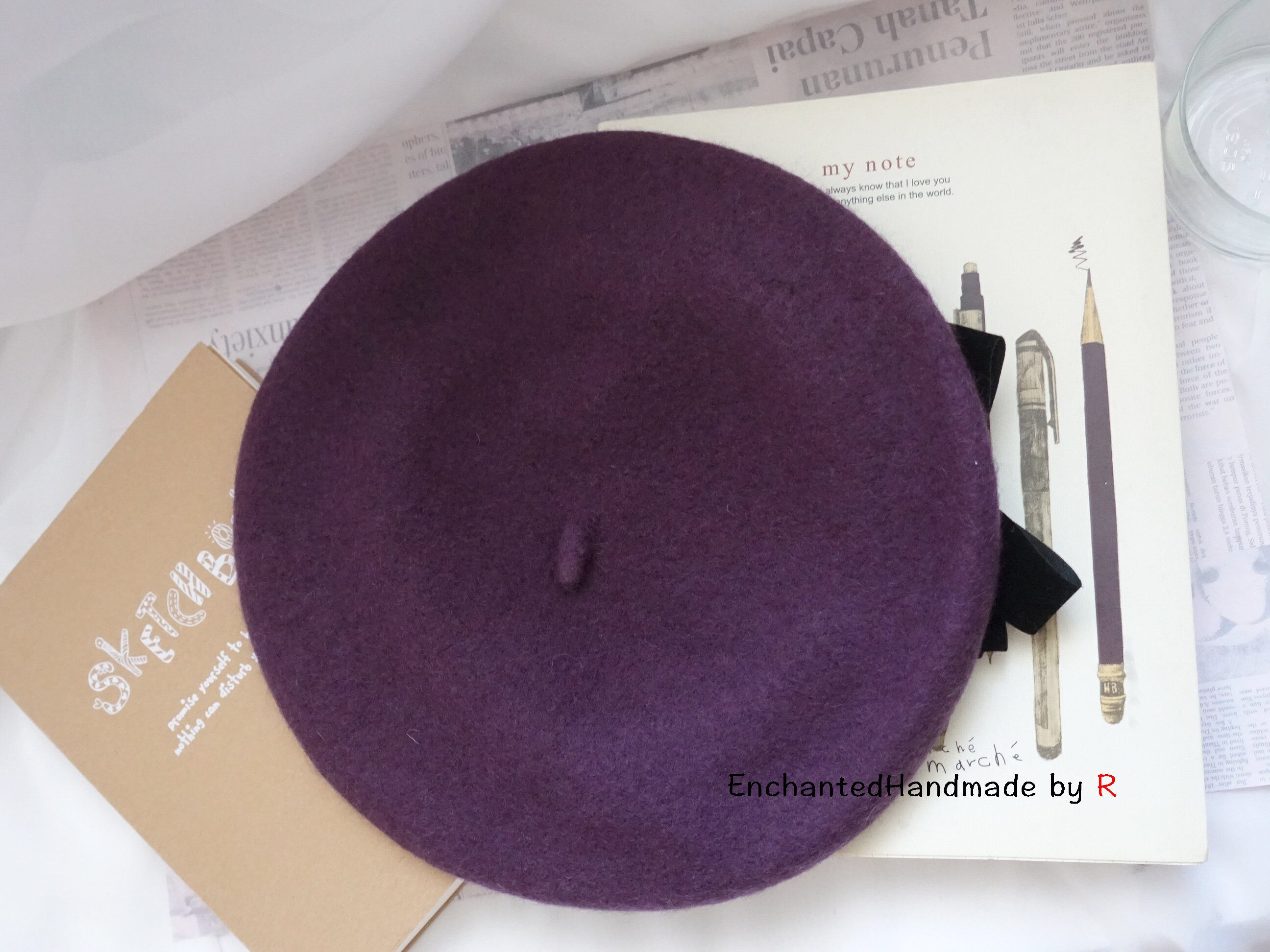 Plum Purple Wool Felt Beret Hat With Black Velvet Ribbon Bow - Etsy