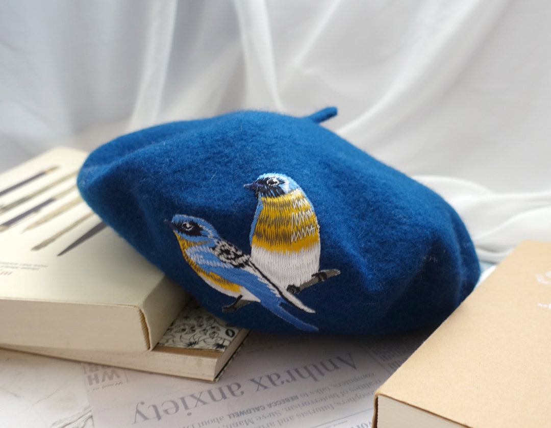 Blue Wool Felt Beret Hat Featuring Two Adorable Embroidered Bluebirds ...