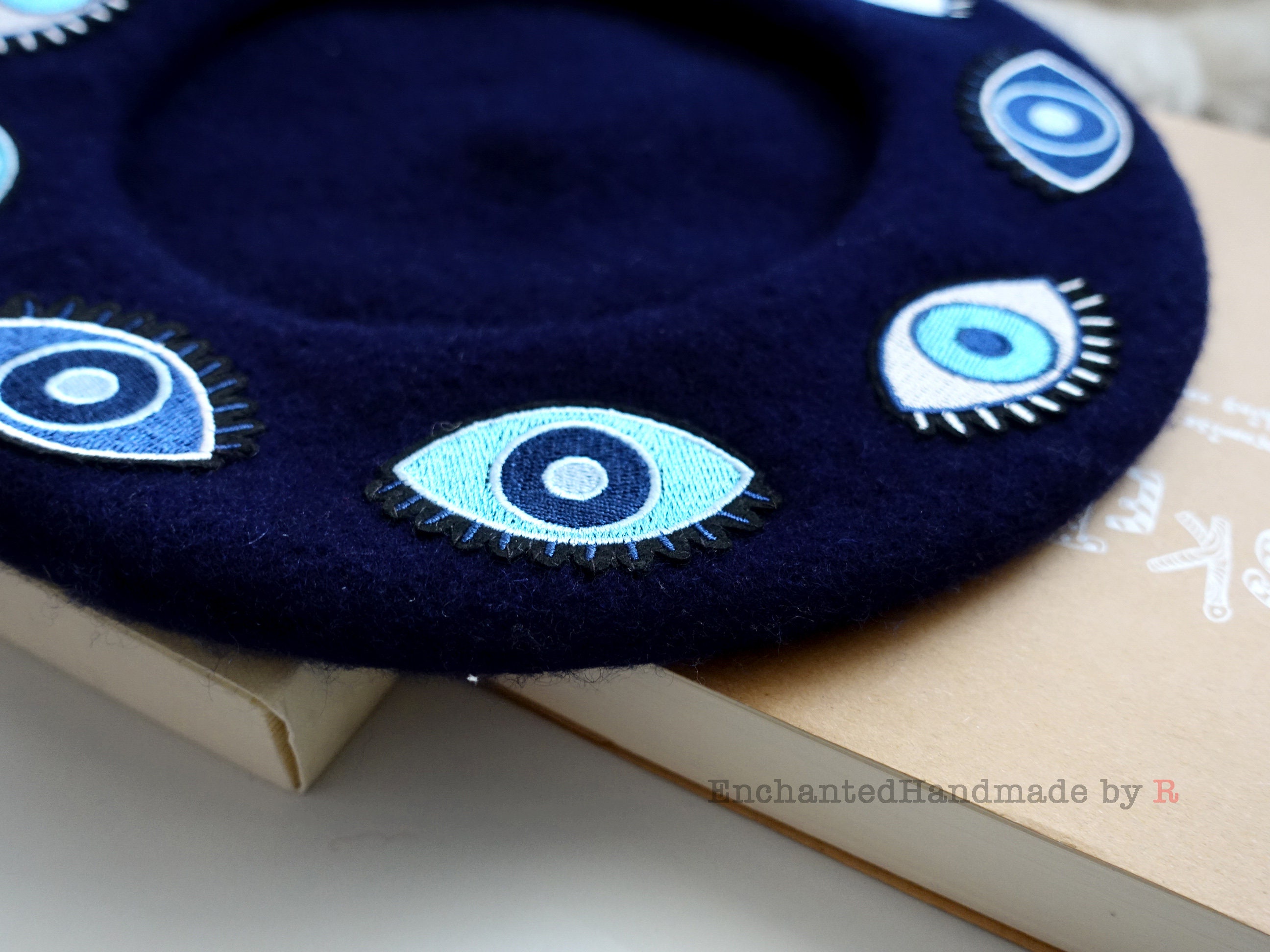 Stylish Navy Blue Beret With Embroidered Evil Eye Unique Hat for a ...