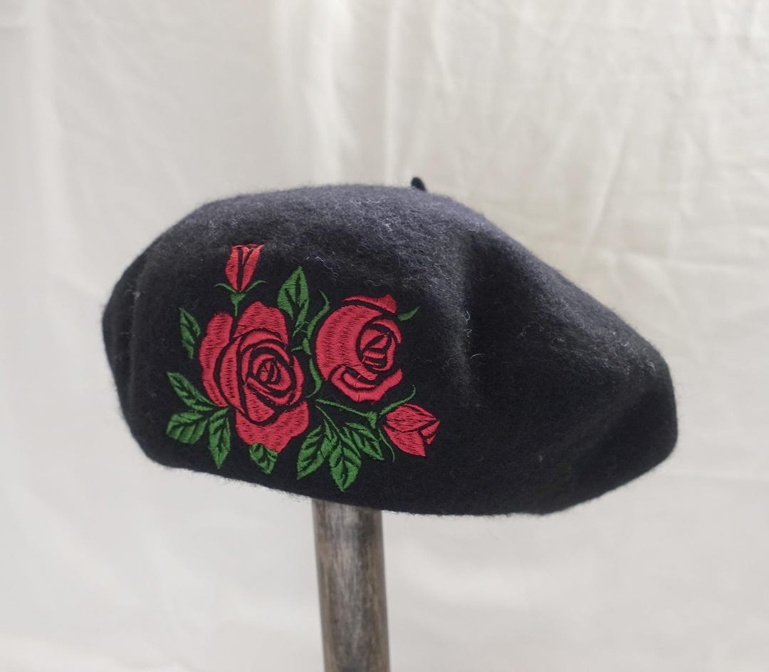 Black Wool Beret With Red Rose Embroidery | Gothic Floral Statement Hat ...