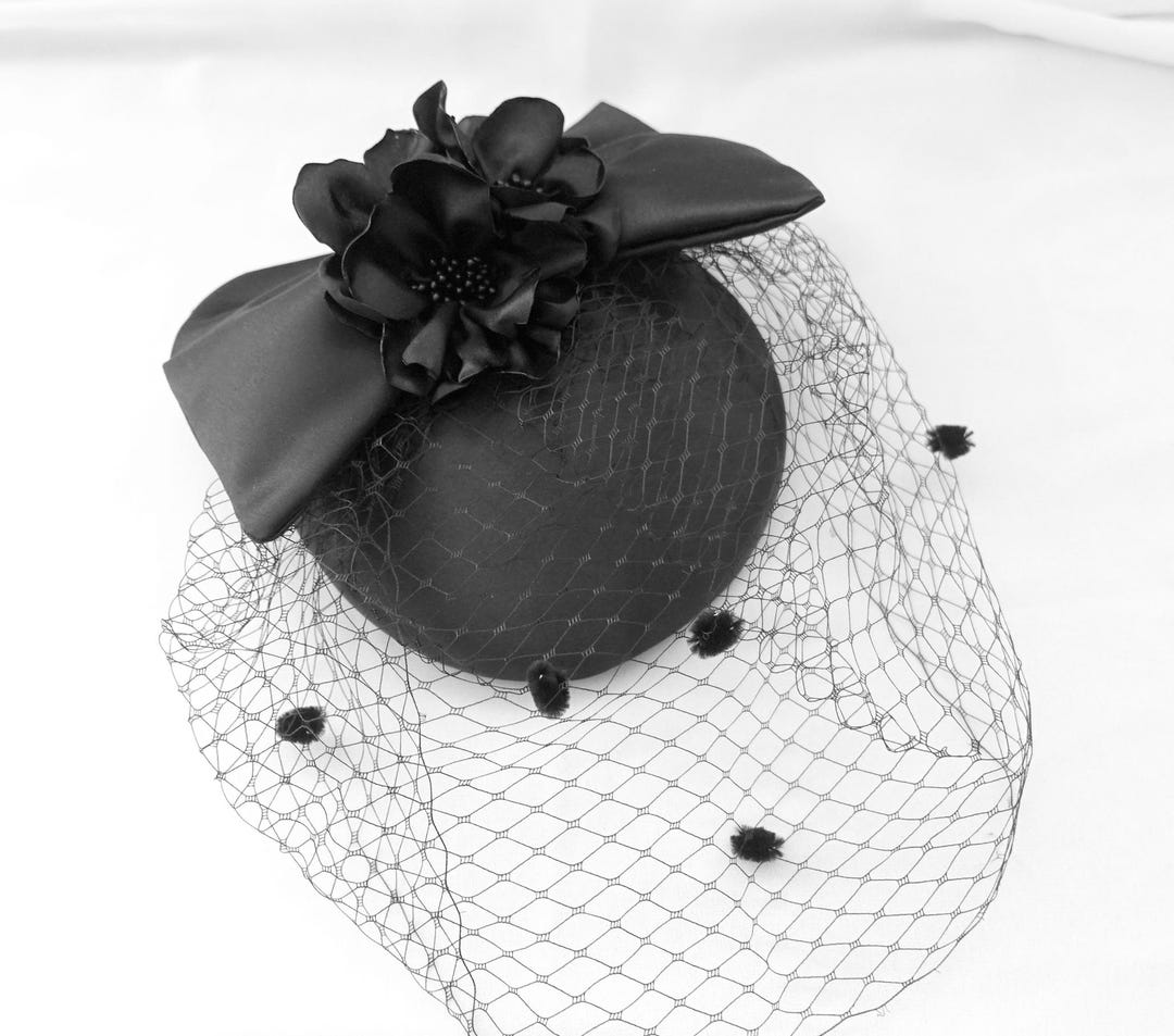 Elegant Black Fascinator Hat With Veil – Vintage Netting, Satin Bow ...