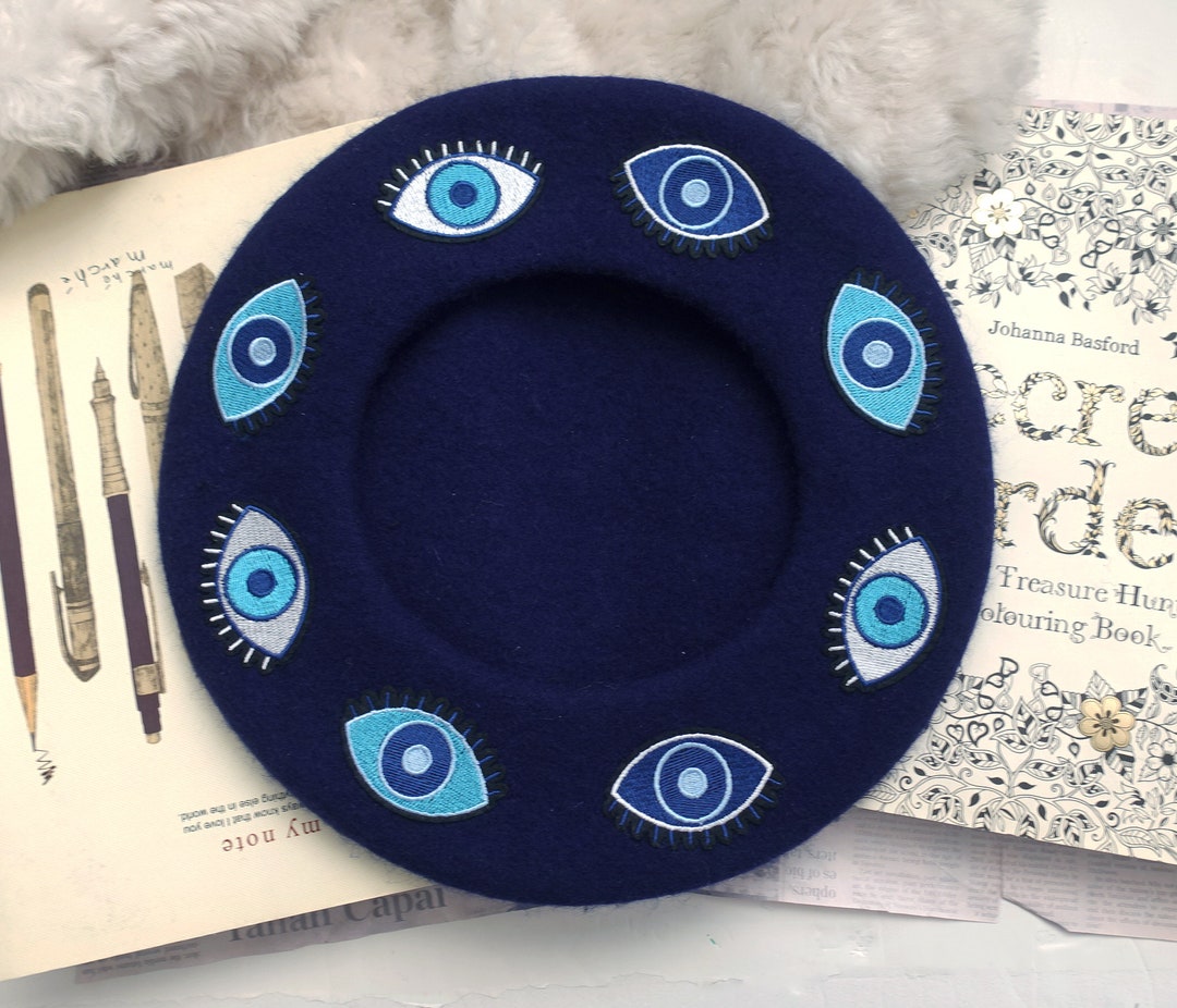 Stylish Navy Blue Beret With Embroidered Evil Eye Unique Hat for a ...