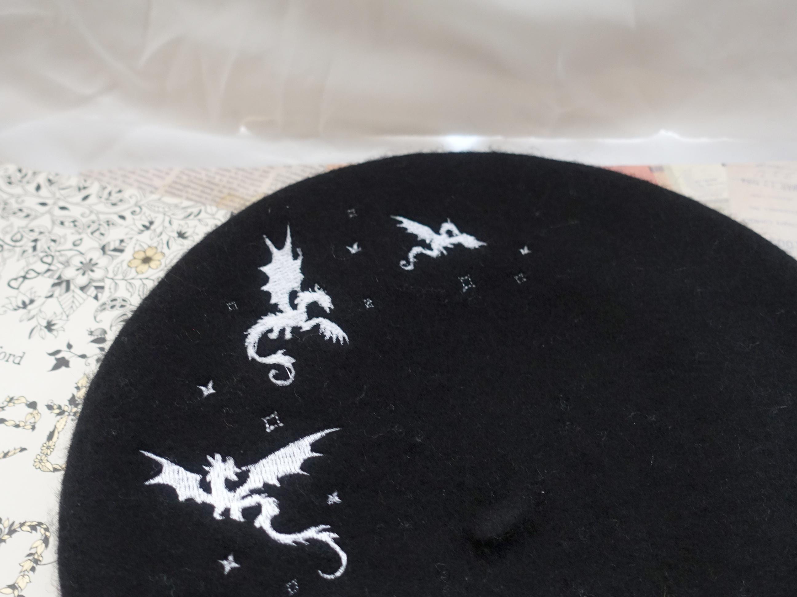 Black Wool Beret With White Dragon Embroidery | Gothic Fantasy Witchy ...
