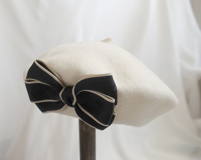 Classic French-inspired Cream White Beret With Delicate Black Bow ...