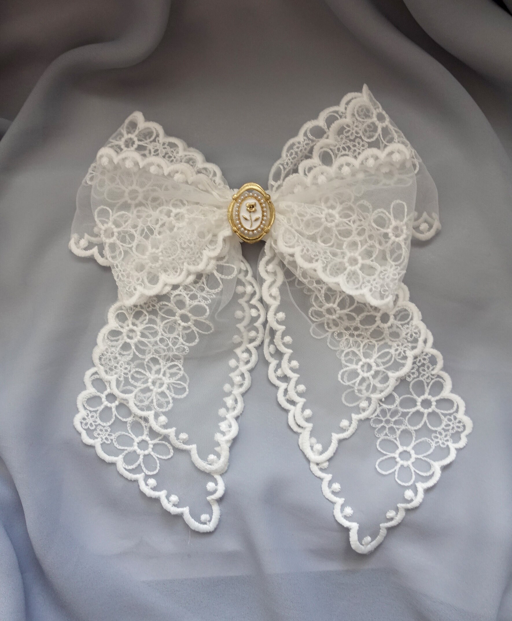 Elegant White Lace Flower Pattern Bow Ideal for Wedding, Baptism, or ...