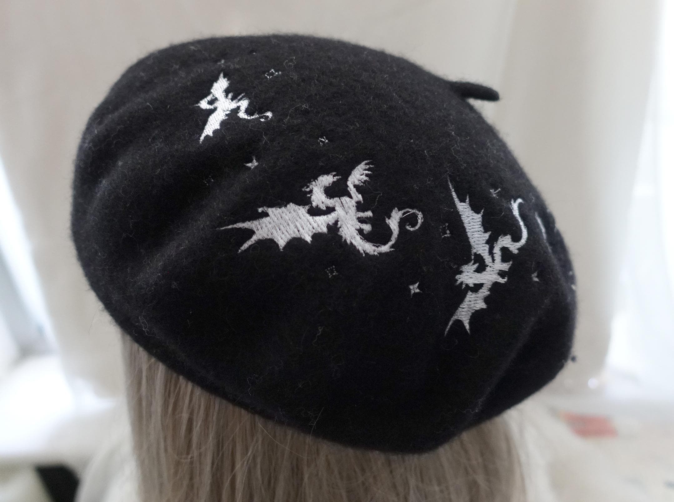 Black and White Wool Beret With Dragon Embroidery | Gothic Fantasy ...