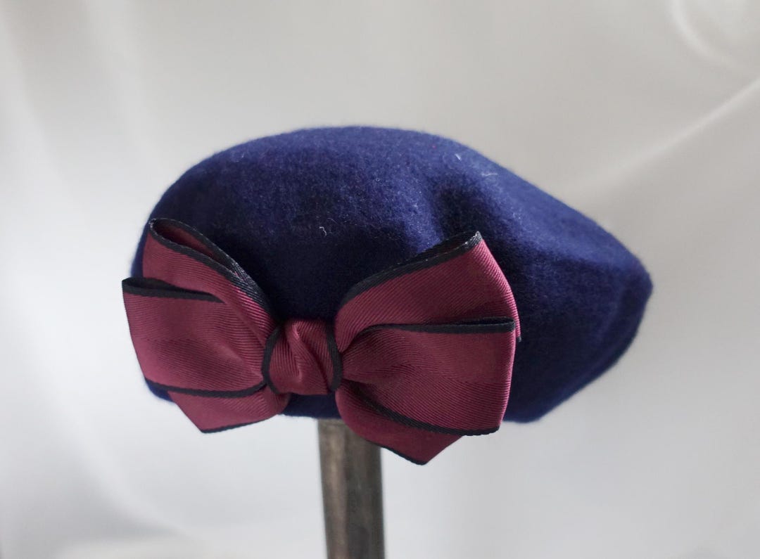Navy Blue Beret With Elegant Red Bow Detail - Etsy