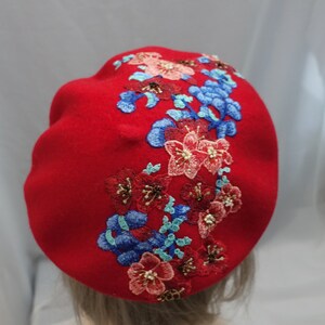 Red Wool Beret With Floral Embroidery and Bead Embellishment Elegant ...