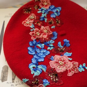 Red Wool Beret With Floral Embroidery and Bead Embellishment Elegant ...