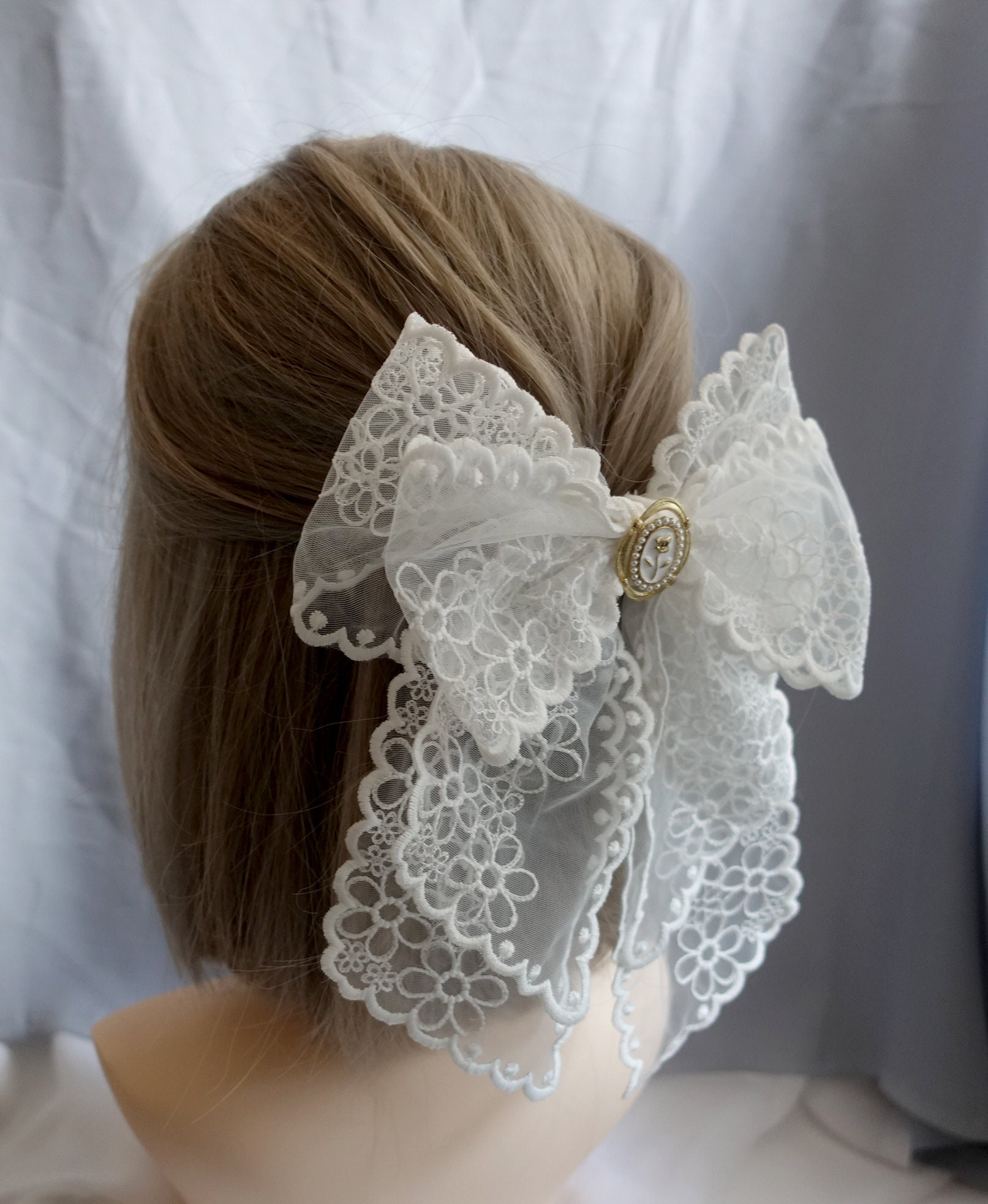 Elegant White Lace Flower Pattern Bow Ideal for Wedding, Baptism, or ...