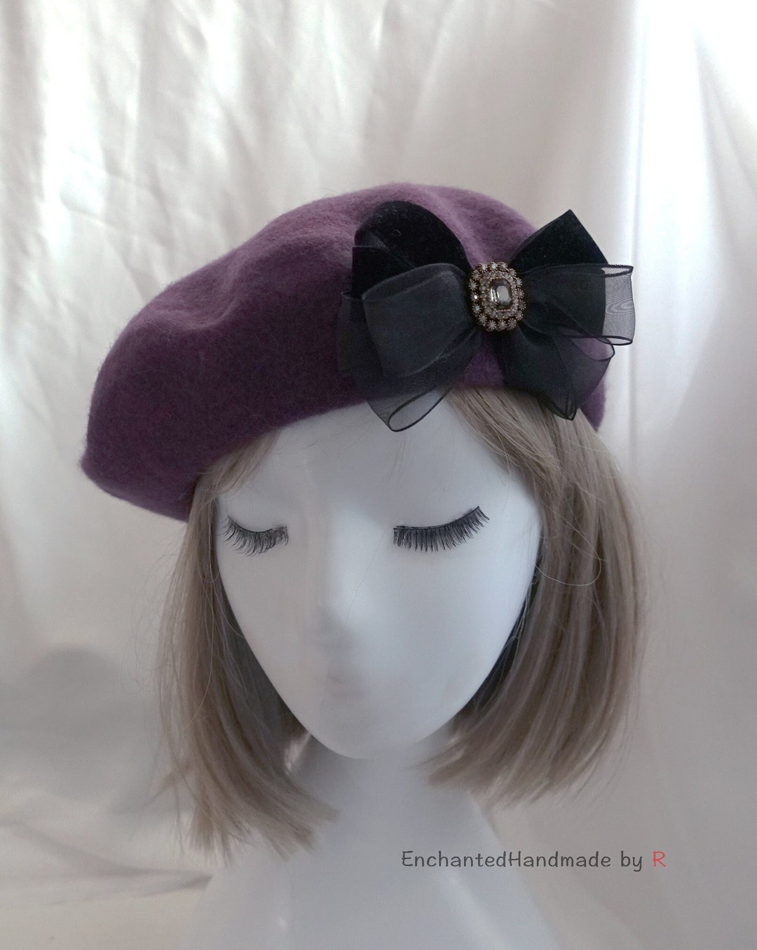 Plum Purple Wool Felt Beret Hat With Black Velvet Ribbon Bow, Purple ...