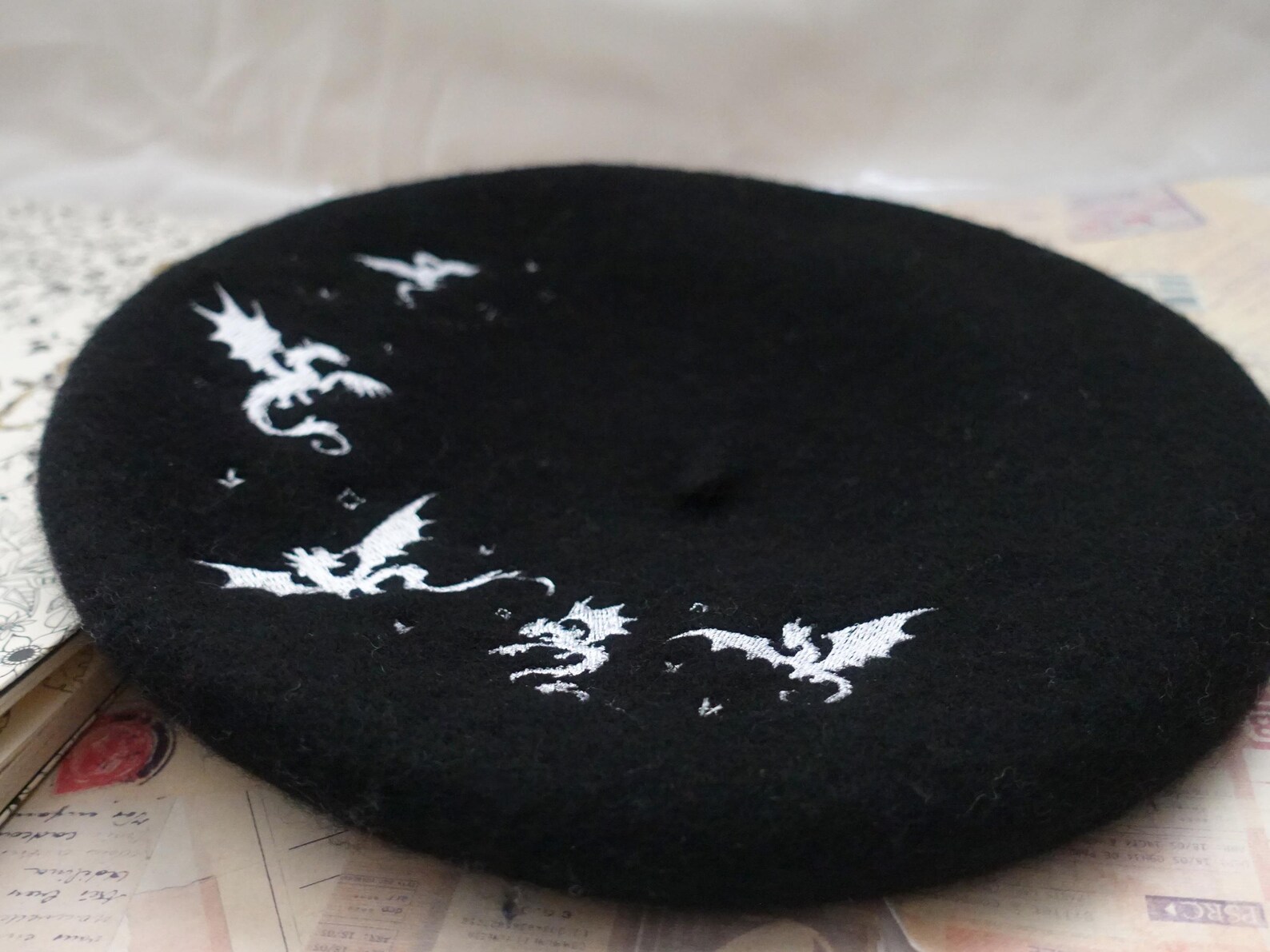 Black Wool Beret With White Dragon Embroidery | Gothic Fantasy Witchy ...